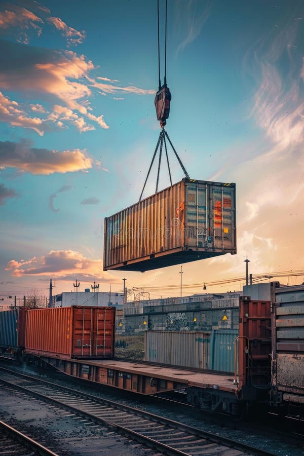A Crane Lifts a Container Onto a Train Platform Stock Photo - Image of ...