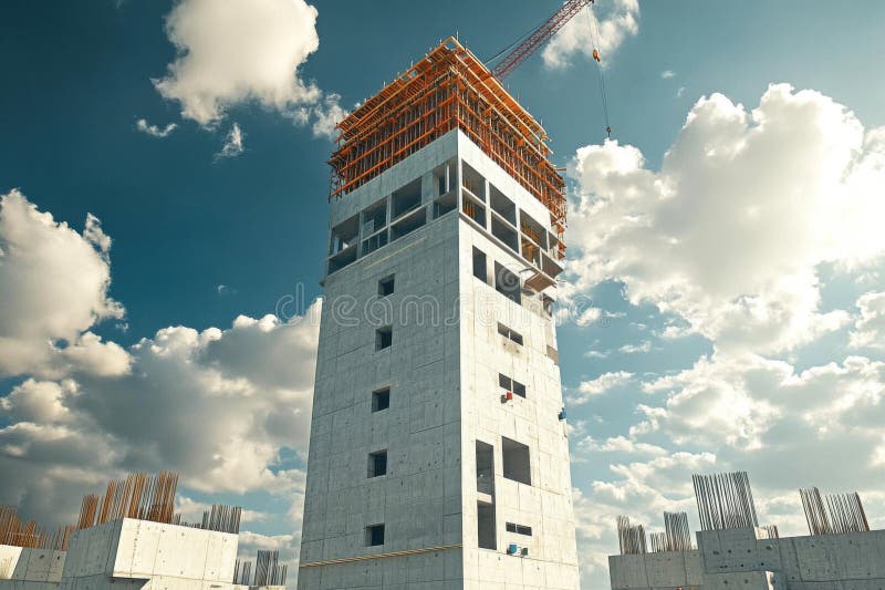 Crane Lifts Materials for New Tower, with Cloudy Sky, Development ...