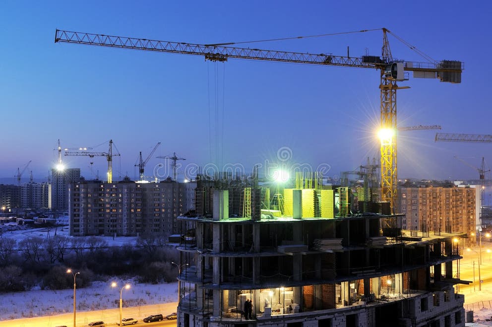 Crane Loader at Night Construction Stock Photo - Image of machinery ...