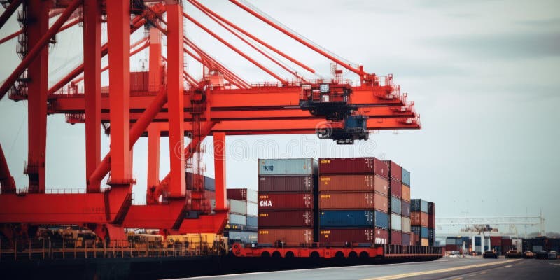 Crane Loading Cargo Container from Truck To Container Ship in the ...