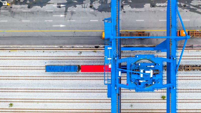 Crane Loading Container on a Train, Rails in Container Port, Aerial ...