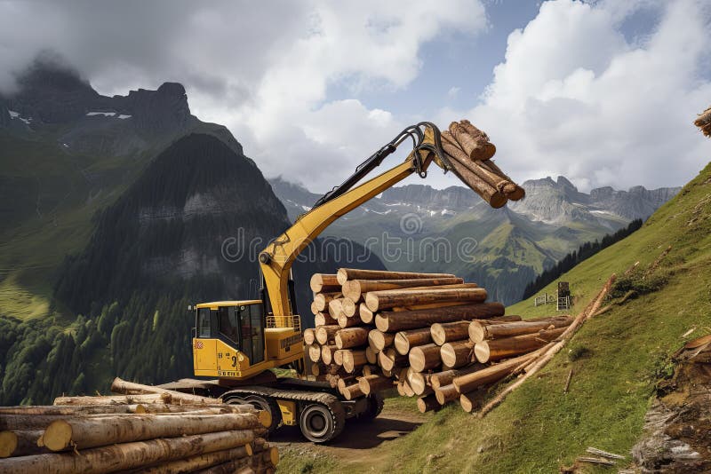 Crane Loading Cut Tree Trunks on Stack on Mountain Stock Image - Image ...