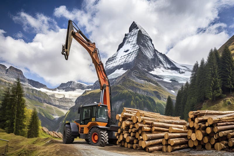 Crane Loading Cut Tree Trunks on Stack on Mountain Stock Illustration ...
