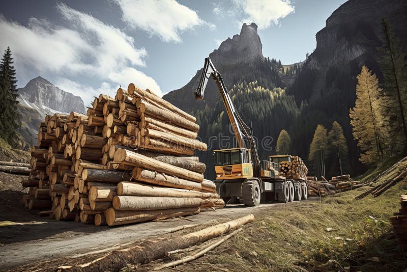 Crane Loading Cut Tree Trunks on Stack on Mountain Stock Illustration ...