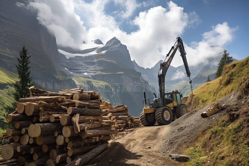 Crane Loading Cut Tree Trunks on Stack on Mountain Stock Photo - Image ...