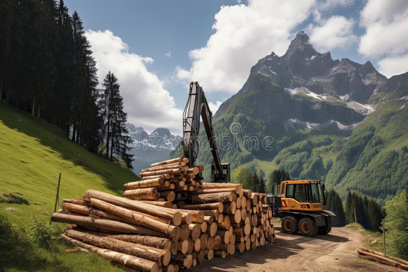 Crane Loading Cut Tree Trunks on Stack on Mountain Stock Illustration ...