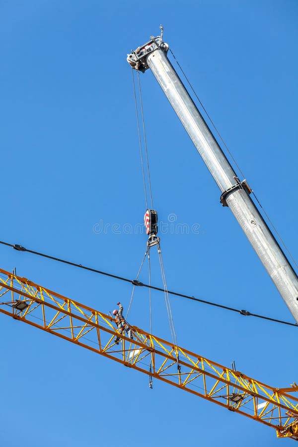 Crane Montage in Sunny Day, Closer Stock Photo - Image of concrete ...