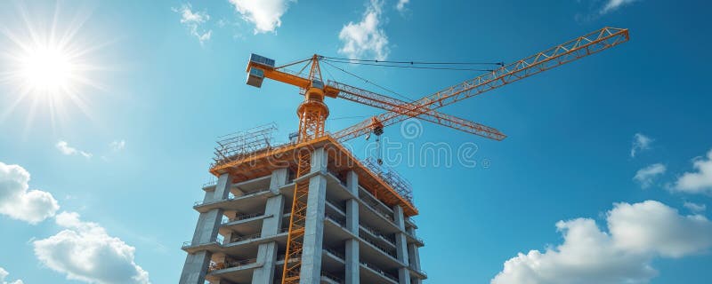 Crane Operates Above Partially Constructed Building Under Blue Sky ...
