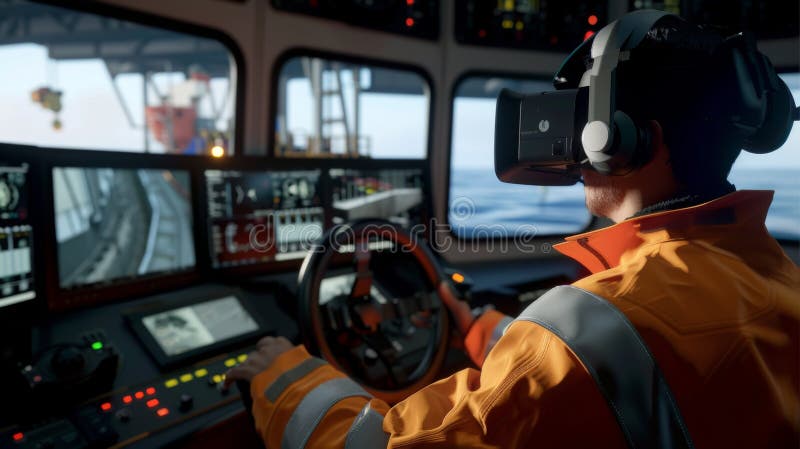 Crane Operator Using VR Simulator for Training at Sea Stock Image ...