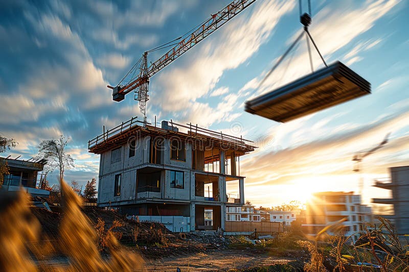 Crane Over Construction Site at Sunset. Stock Photo - Image of project ...