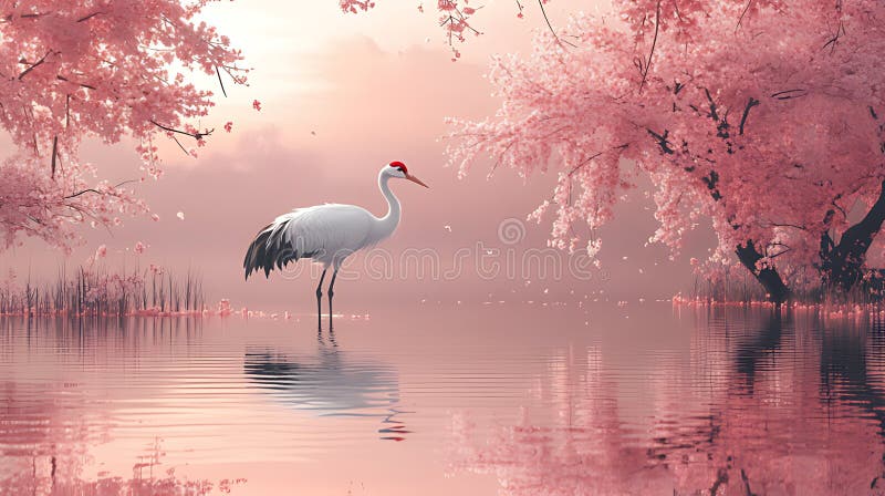 Crane in Pink Blossom Lakeside Serenity at Dawn Stock Illustration ...