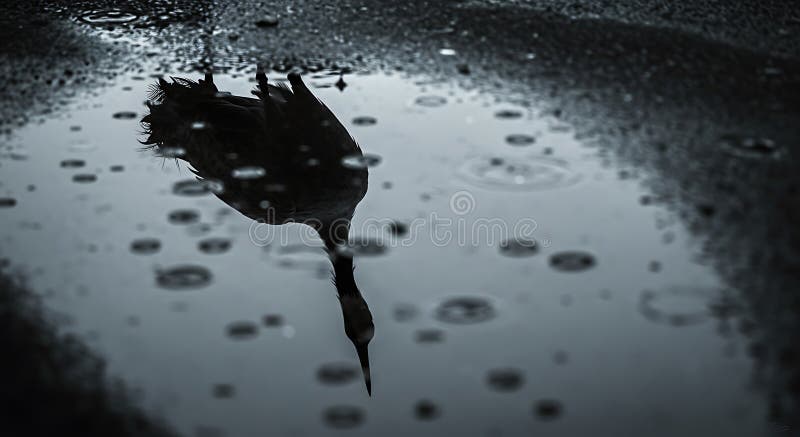 Crane Reflection in Puddle with Raindrops Creates Dark Moody Scene ...