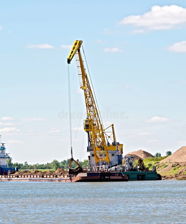 Crane river with barge stock photo. Image of scow, reflection - 52364518