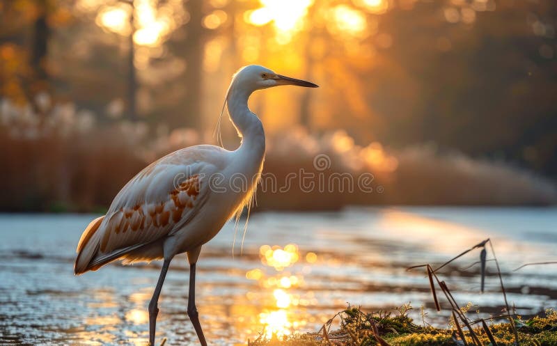 Crane Stands in the Water at Sunset Stock Photo - Image of water, wild ...