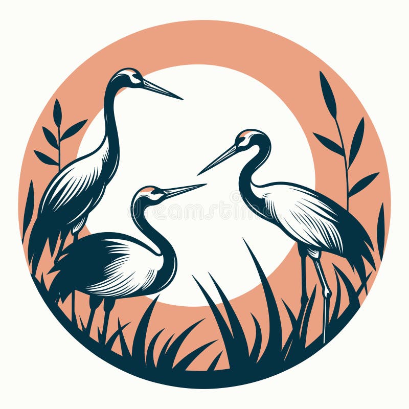 Crane Trio Graphic with Sunset. Stylized Vector Illustration of Cranes ...