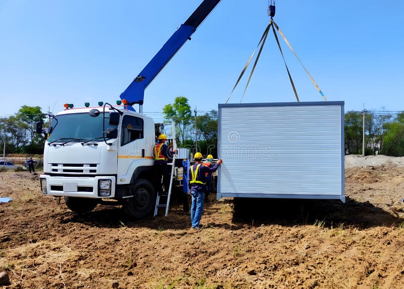The Crane Trucks Transport the Mobile Office Buildings or Container ...