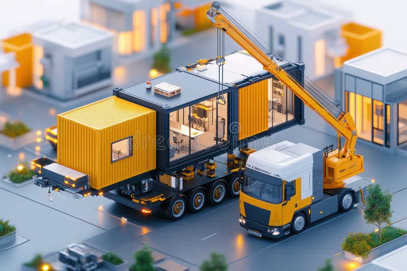 Crane Trucks Transporting Mobile Office Buildings for Construction Site ...