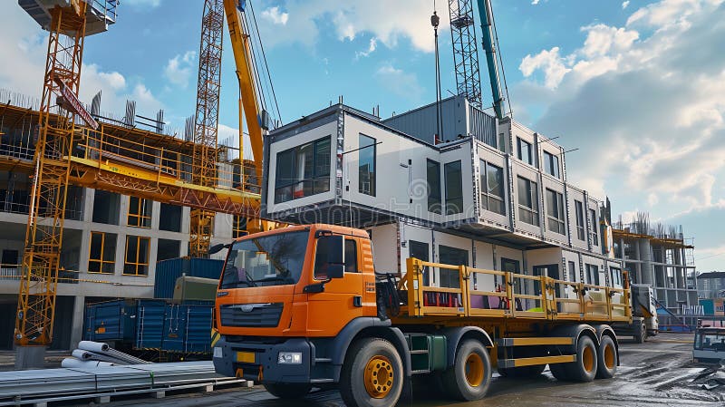 Crane Trucks Transporting Mobile Office Buildings or Container, Aiding ...