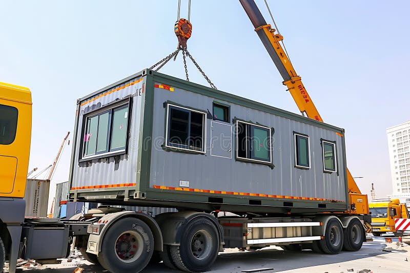 Crane Trucks Transporting Mobile Office Buildings or Container ...