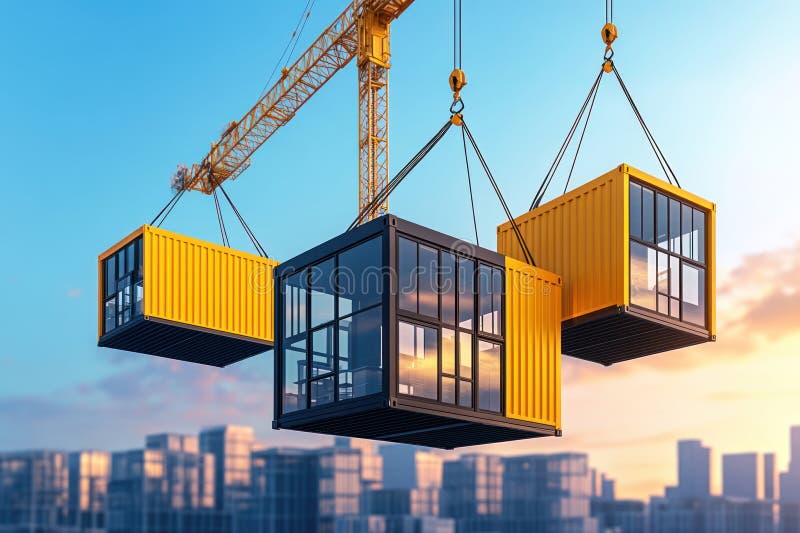 Crane Trucks Transporting Mobile Office Buildings and Container Site ...