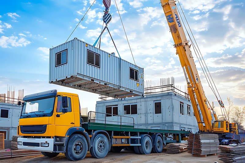 Crane Trucks Transporting Mobile Office Buildings or Container Site ...