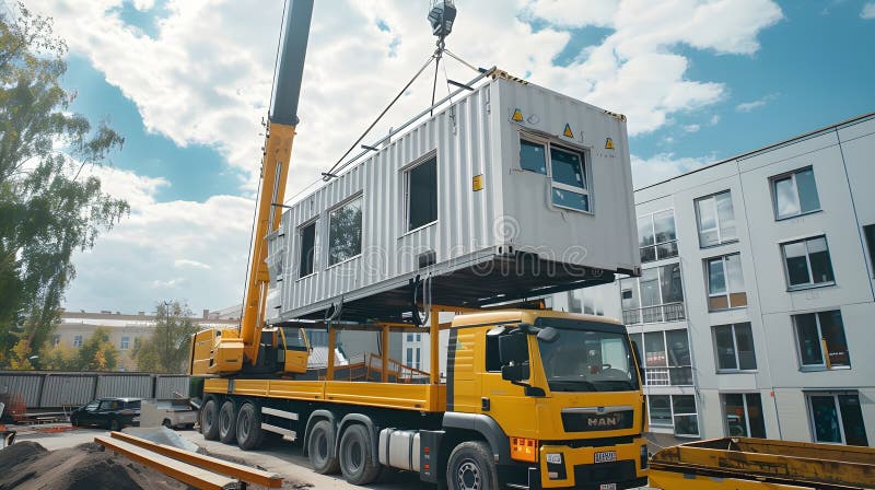Crane Trucks Transporting Mobile Office Buildings or Container Site ...