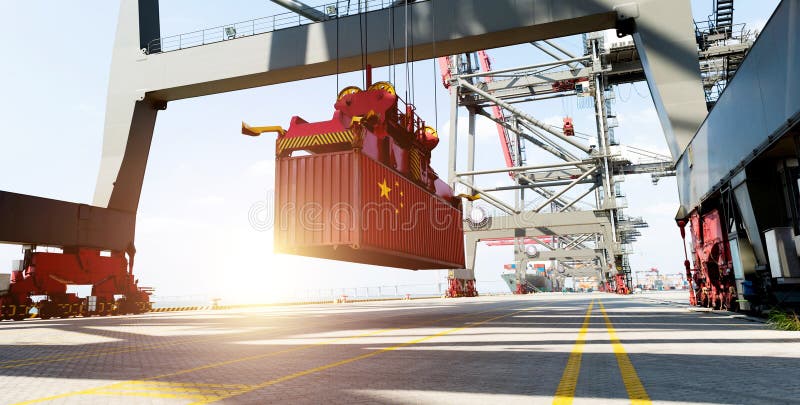 Crane Unloading Container with China Flag Stock Image - Image of ...