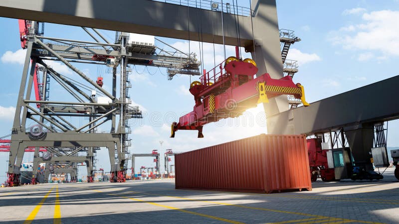 Crane Unloading Container in Port Stock Image - Image of hoist ...