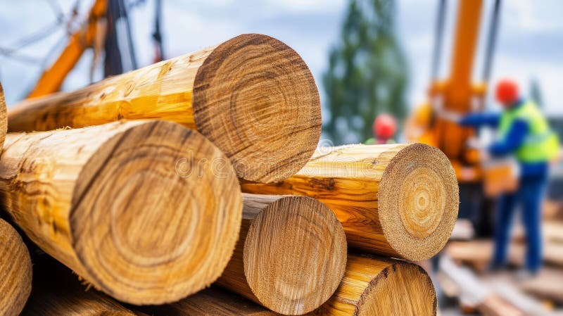 Crane Unloading Freshly Cut Timber Logs at Construction Site Stock ...
