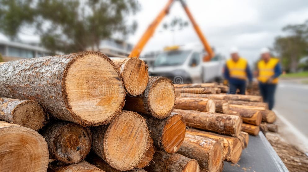 Crane Unloading Freshly Cut Timber Logs at Construction Site Stock ...