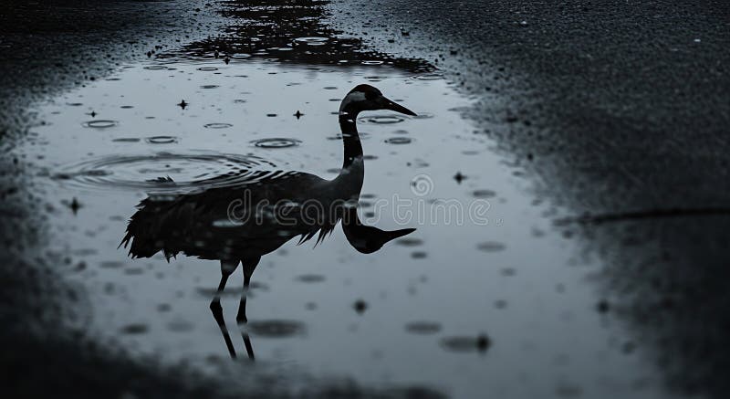 Crane Wading in Puddle during a Rainy Day Monochrome Image Stock ...