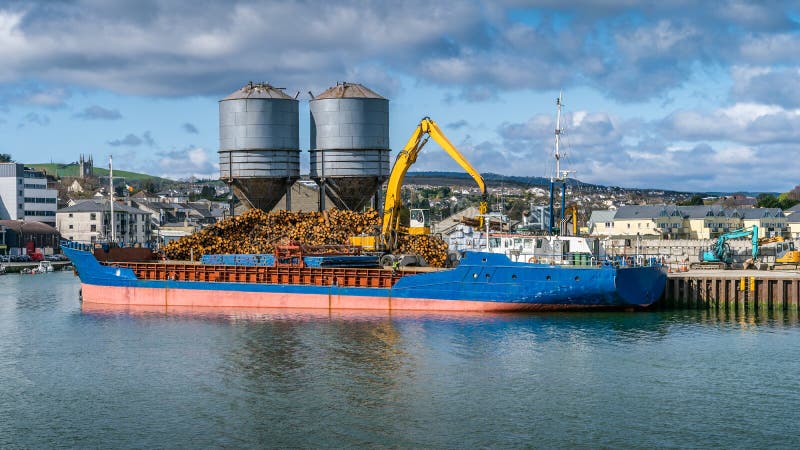 Crane with Wood Logs Gripple Loading Timber on Cargo Ship Stock Image ...