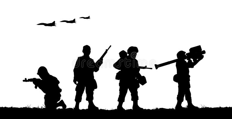 Military Soldiers with Guns in Field. Vector Silhouette Stock Vector ...