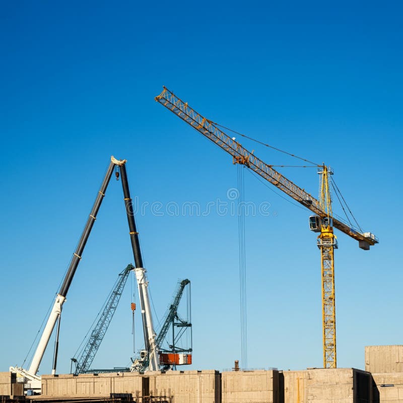 Cranes at a Construction Site Against a Clear Blue Sky. the Scene ...