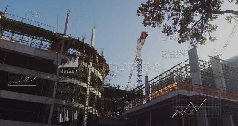 Cranes at Construction Site with Data Graphs Overlaying Animation in ...