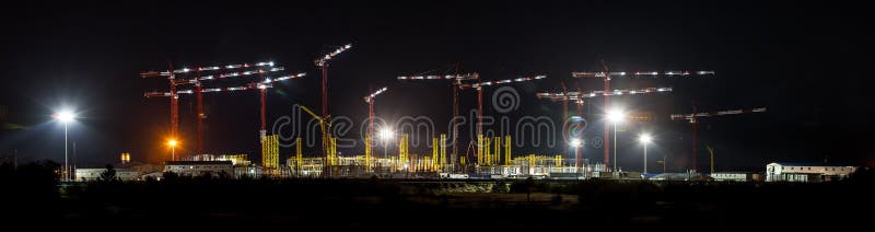 Cranes at Construction Site, Night Panorama Stock Photo - Image of ...