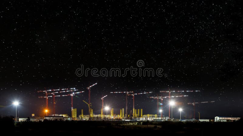 Cranes at Construction Site, Night Panorama Starry Sky Stock Photo ...