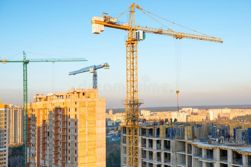 Cranes on Industrial Building Site Stock Photo - Image of evening, home ...