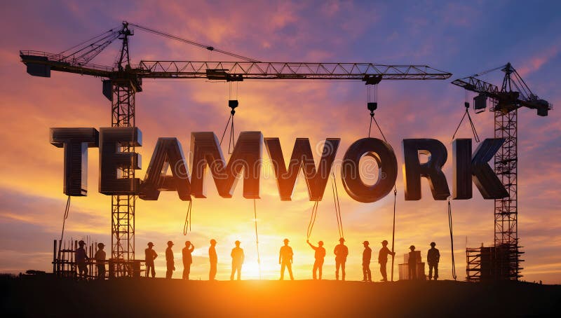 Cranes Lift TEAMWORK at a Construction Site Silhouetted Against Sunset ...