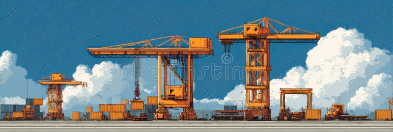 Logistics Platform with Cranes and Pallets Loading Cargo Under a Bright ...