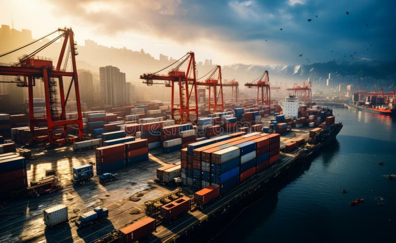 Cranes and Multiple Containers in the Port at Sunrise. Hazy City ...