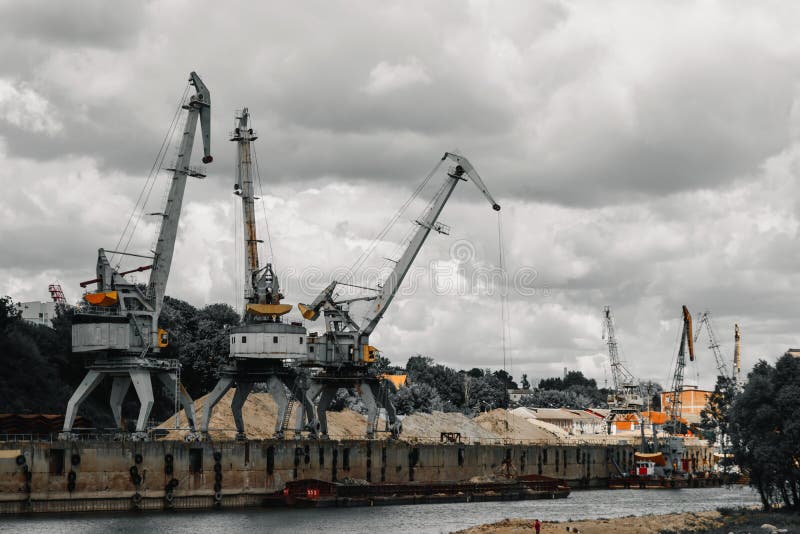 Cranes in the Port, Harbor Cranes, Sea Cranes Unload the Barge with ...