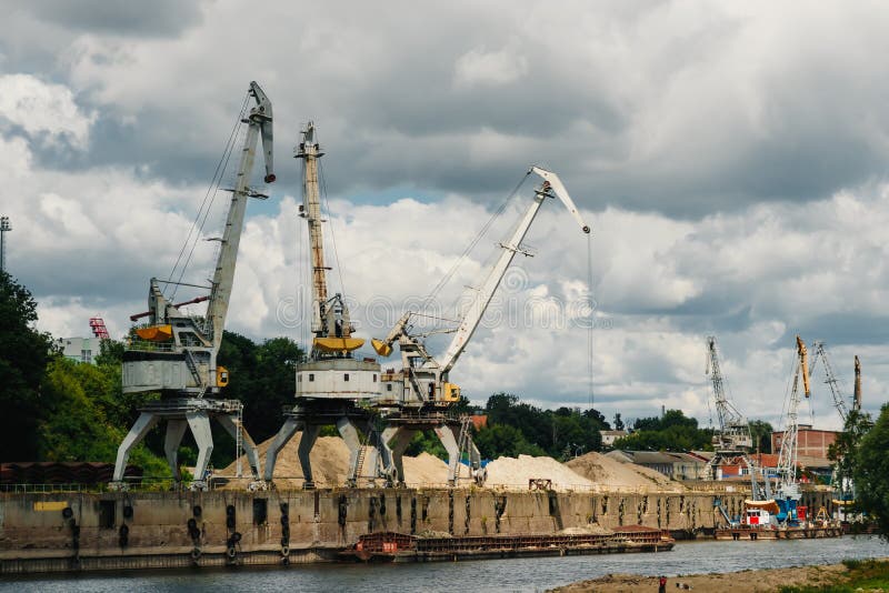 Cranes in the Port, Harbor Cranes, Sea Cranes Unload the Barge with ...