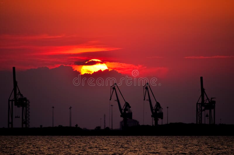 Cranes at sunset stock photo. Image of logistics, crane - 72480168