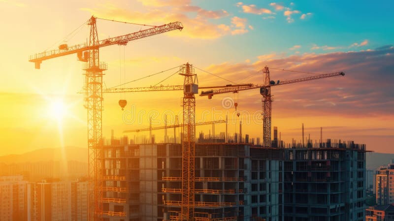 Sunset Over Urban Construction Site Stock Illustration - Illustration ...