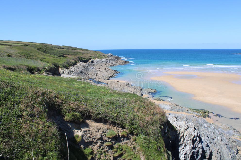 Crantock Beach & Bay, Cornwall Stock Photo - Image of green, rock ...