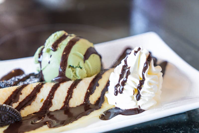 Crape with Ice-cream and Whipped Cream Stock Image - Image of plate ...