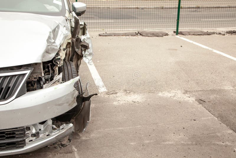 Crash Car in Front after the Accident. Broken Wing and Wheel, Bumper ...