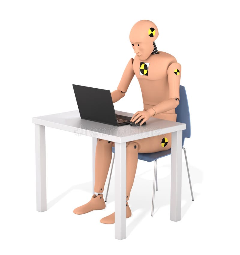 Crash Test Dummy Sitting at a Table Using Laptop Stock Illustration ...