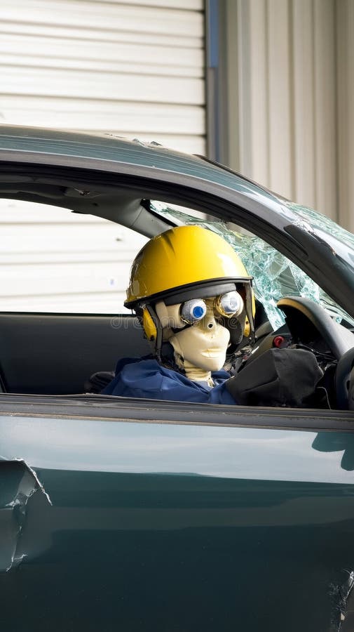 A Crash Test Dummy Wearing a Yellow Helmet Sits in a Car with a ...